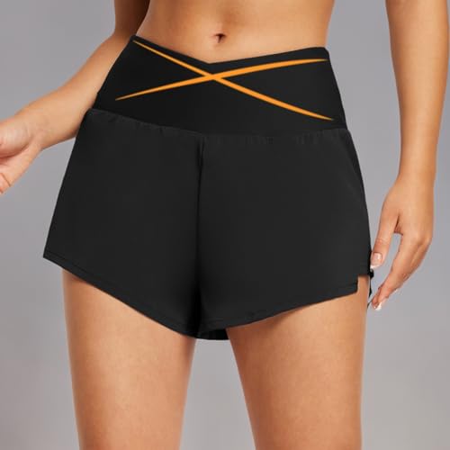 BALEAF 3" Swim Shorts Women High Waisted Board Shorts with Liner Tummy Control Cross Waist Swimsuit Bottoms Modest Black L