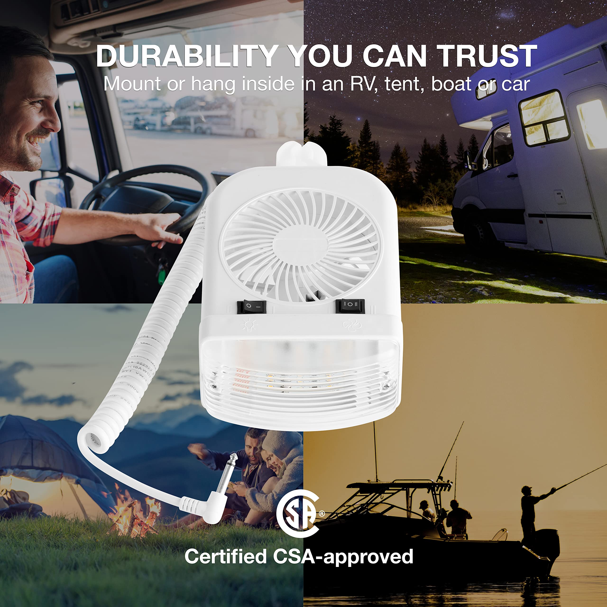Lumitronics RV Portable 12V LED Interior Bunk Light and 2-Speed Personal Fan Combo - Quiet Motor - Reading Light with Extendable 8-Foot Cord - On/Off Switch - Mounting Brackets Included
