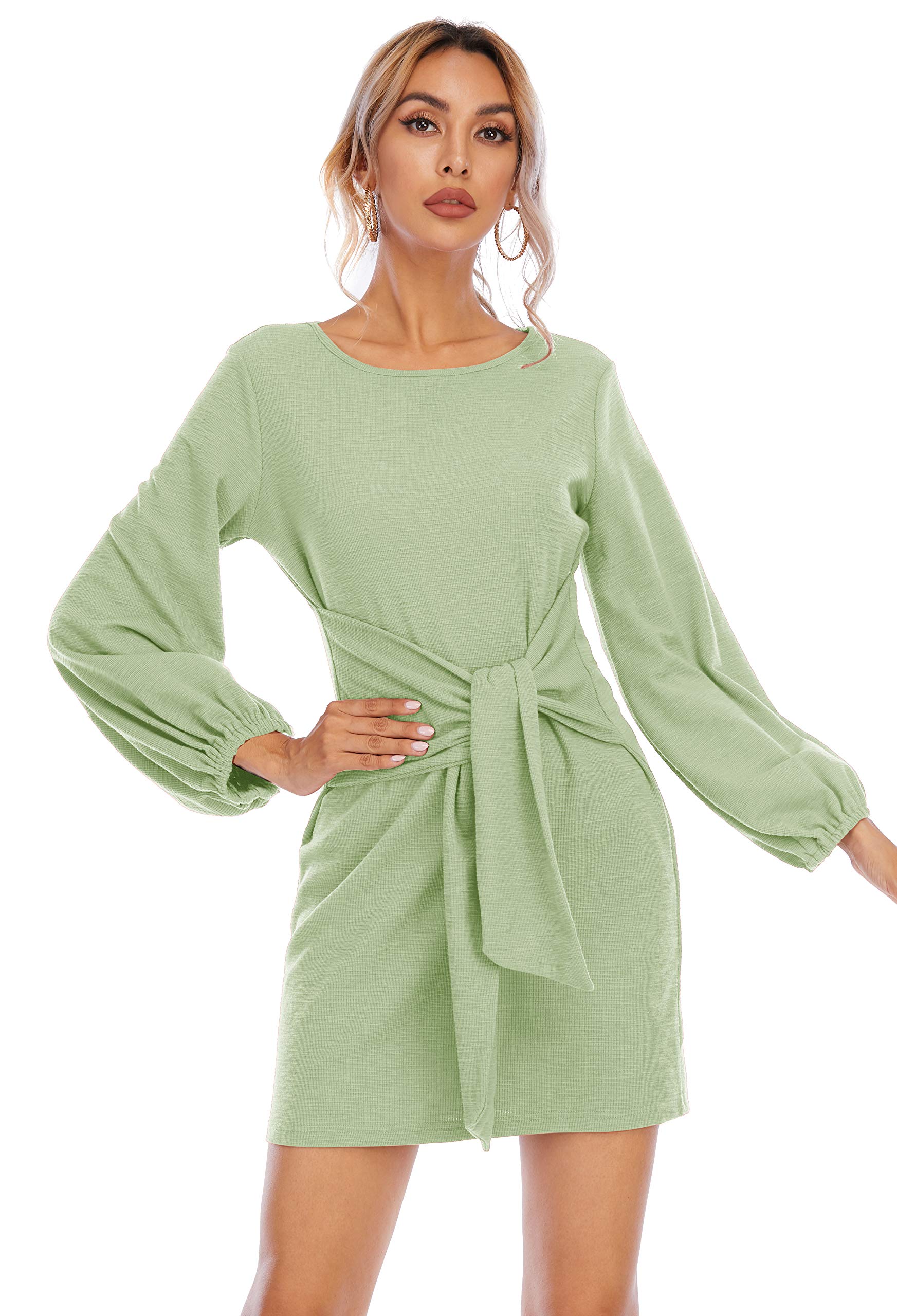 R.Vivimos Women's Autumn Winter Cotton Long Sleeves Elegant Knitted Bodycon Tie Waist Sweater Pencil Dress (XL, Light Green)