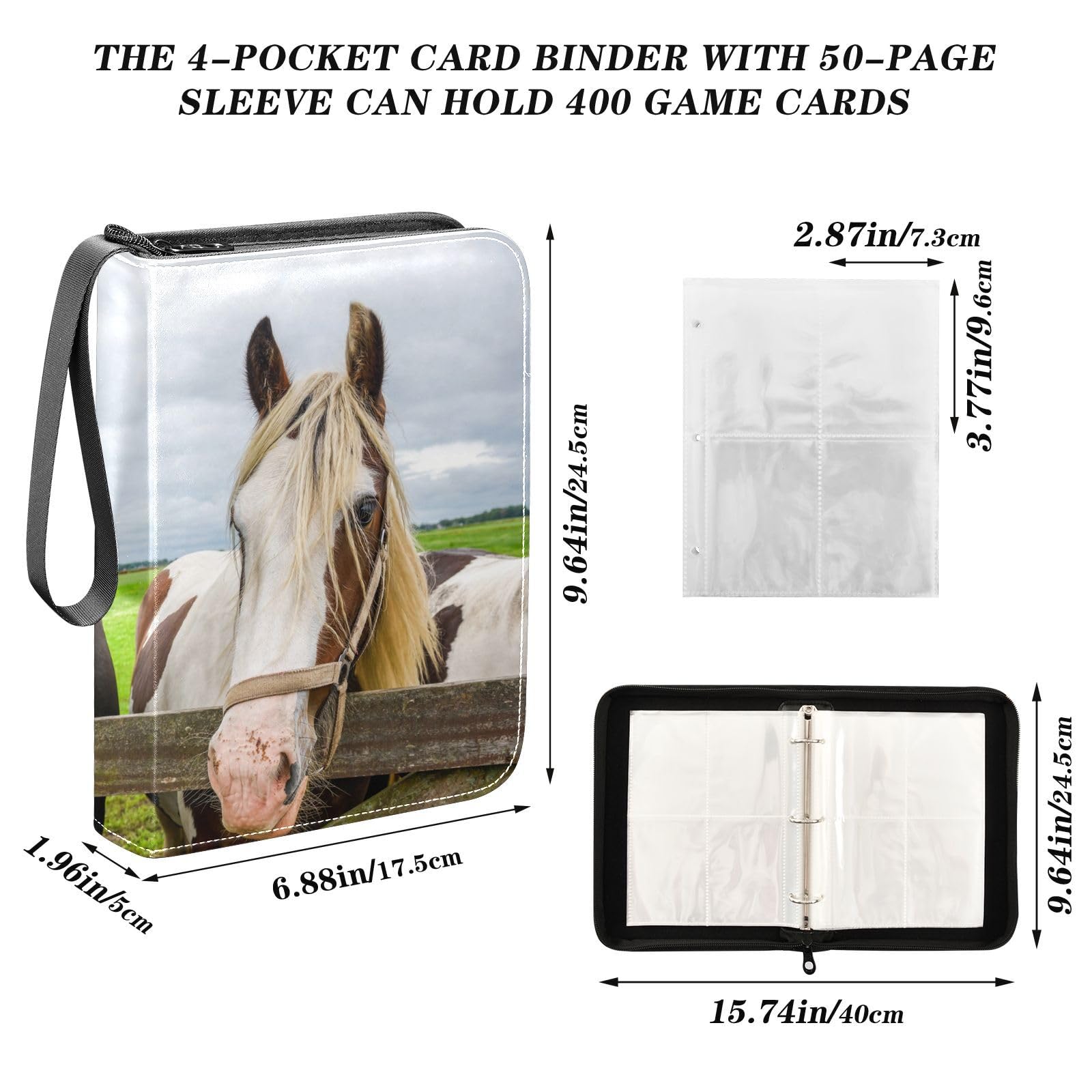 PYBUG Horse Trading Card Binder with Nylon Strap 4-Pocket Waterproof PU Leather Card Collection Binder for 400 Cards Sturdy Card Holder Folders for Game Cards,Sports Cards