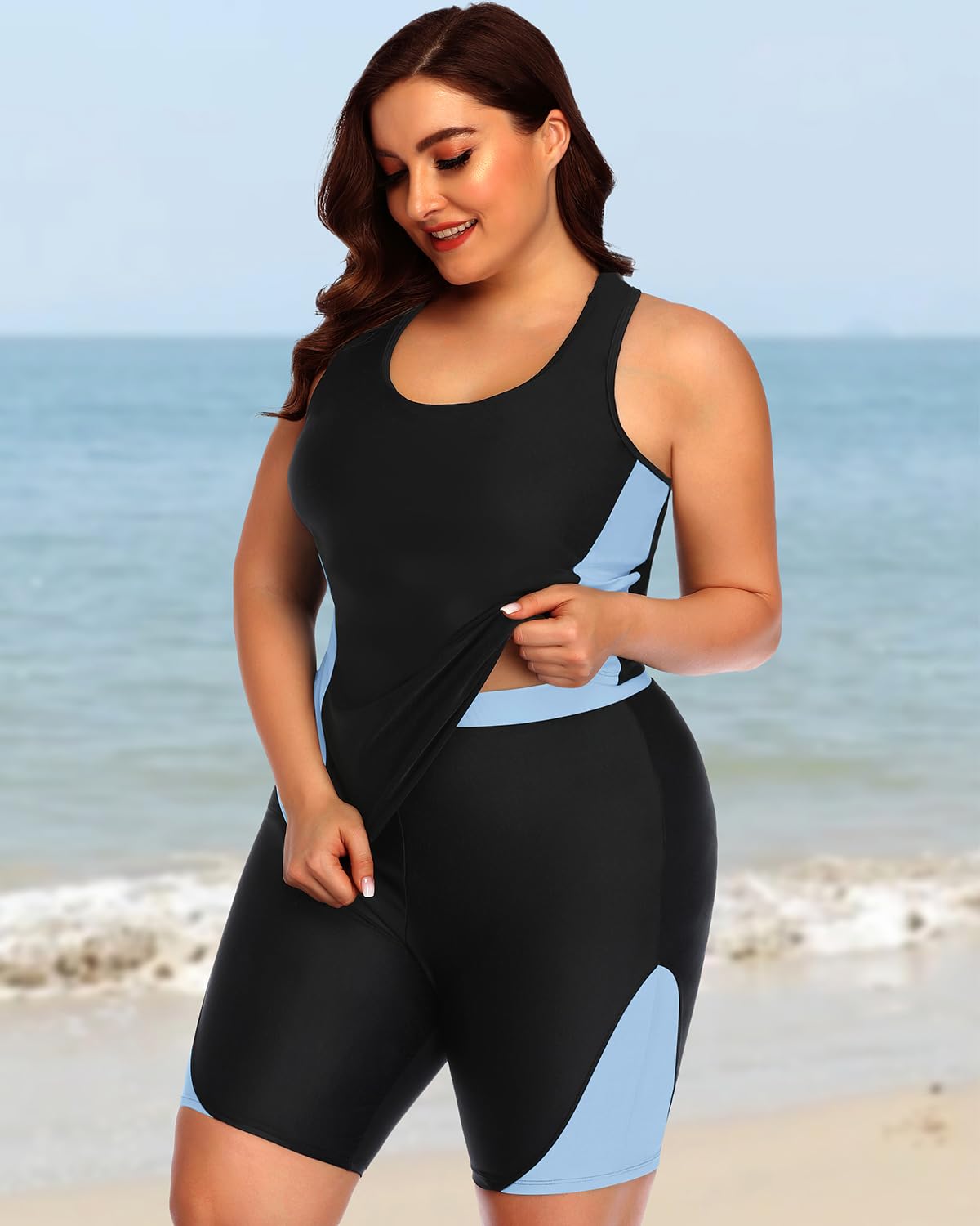 Daci Women's Plus Size Tankini Swimsuit - Two Piece Rash Guard with Capris Shorts and Athletic Racerback Bathing Suit Light Blue 22 Plus