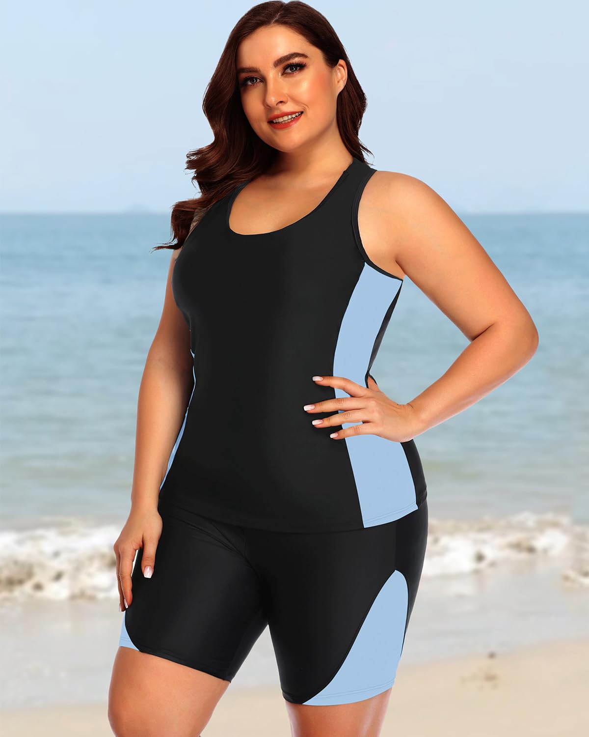 Daci Women's Plus Size Tankini Swimsuit - Two Piece Rash Guard with Capris Shorts and Athletic Racerback Bathing Suit Light Blue 22 Plus