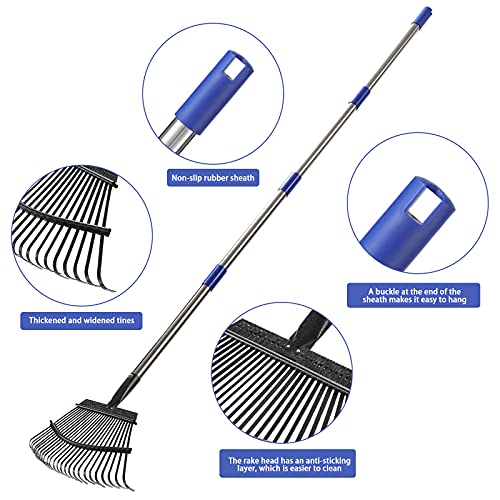 Garden Rake Leaf, 1.1" Diameter Pole & 6 FT Tall Stainless Steel Heavy Duty Adjustable Long Handle Garden Rake , Use for Yard Garden Lawn and Window Leaves(25 Tines)