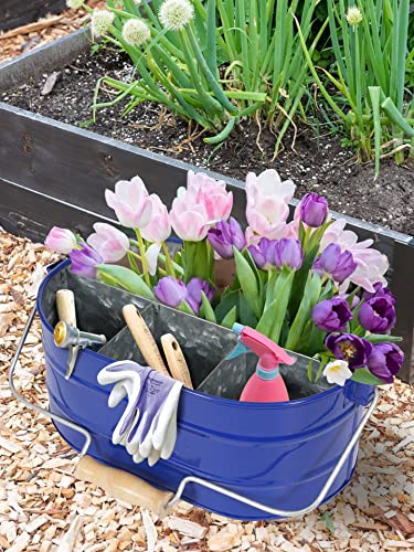Homebia Designs Galvanized Metal Caddy with 4 Compartments, Rustic Farmhouse Kitchen Indoor Outdoor Utensil Holder, Multipurpose Storage Bin, Metal Garden Planters - 12 Inch - Navy