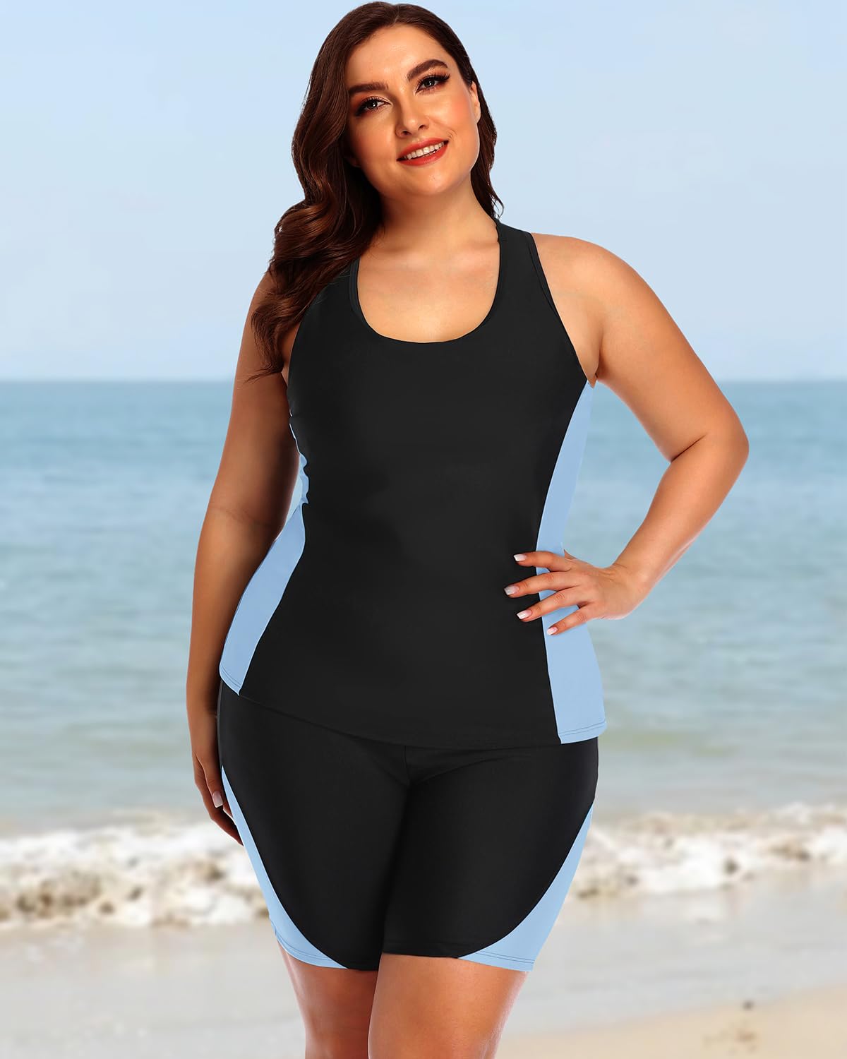 Daci Women's Plus Size Tankini Swimsuit - Two Piece Rash Guard with Capris Shorts and Athletic Racerback Bathing Suit Light Blue 22 Plus