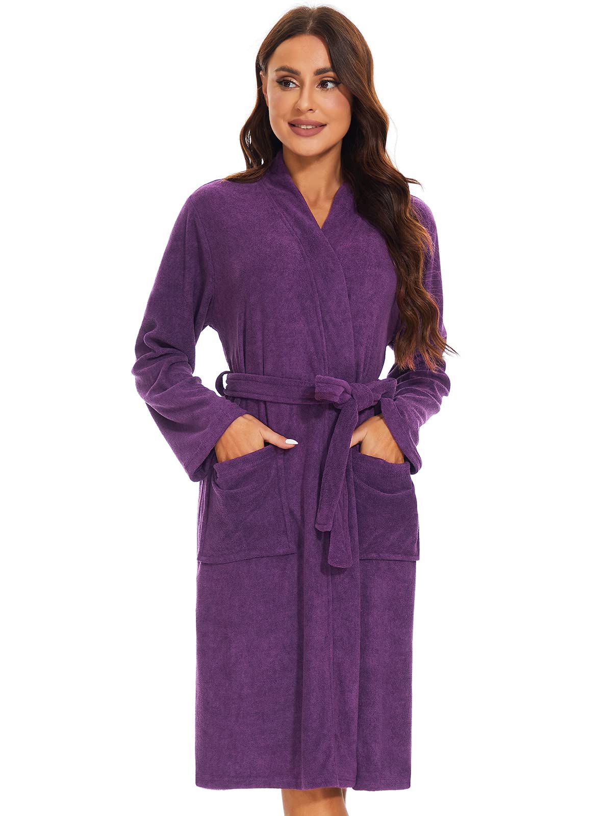 Knuffnee Women Bath Robes Terry Cloth Towel Robe Knee Length Bathrobe with Pockets Purple L
