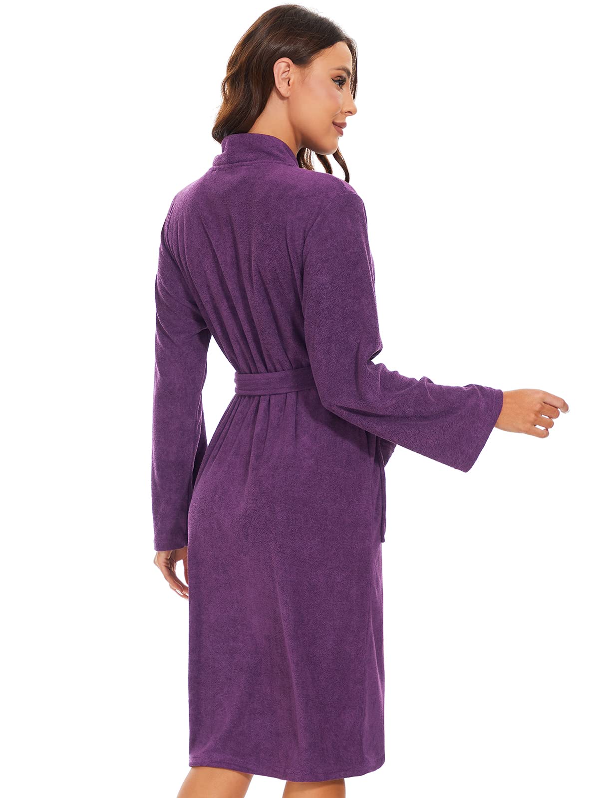 Knuffnee Women Bath Robes Terry Cloth Towel Robe Knee Length Bathrobe with Pockets Purple L