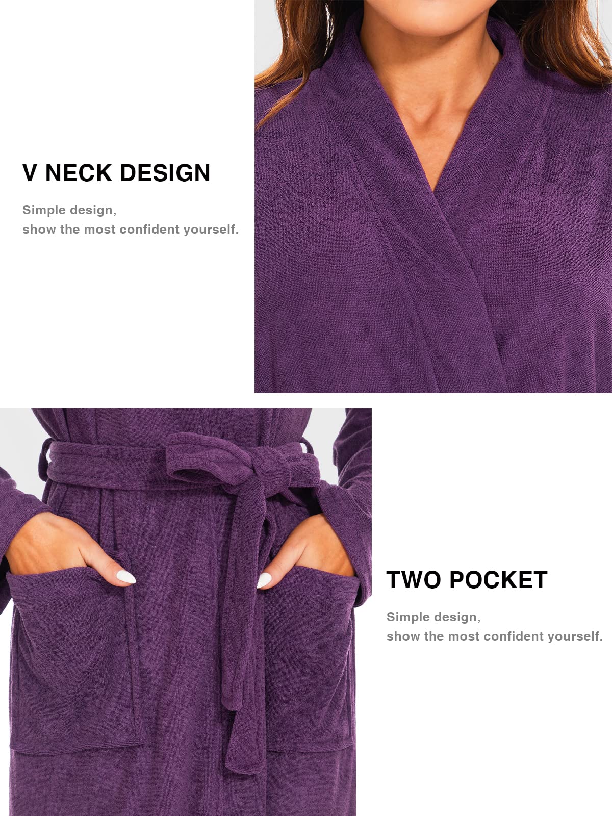 Knuffnee Women Bath Robes Terry Cloth Towel Robe Knee Length Bathrobe with Pockets Purple L