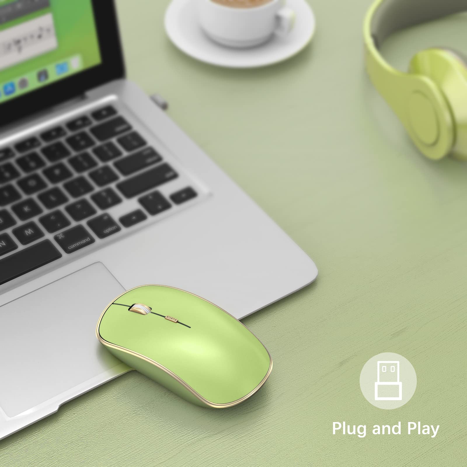 JOYACCESS J 2.4G Slim Wireless Silent Mouse, Portable Wireless Computer Mouse with 5 Adjustable DPI Levels, USB Mouse for Desktop, Notebook, MacBook, Chromebook, PC (Light Green)