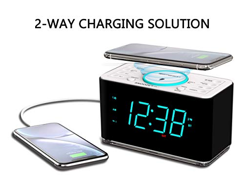 Emerson ER100401 Smartset 15Watt Ultra Fast Wireless Charging Dual Alarm Clock Radio with Bluetooth Speaker, USB Charger, Cyan LED Night Light and 1.4" Display