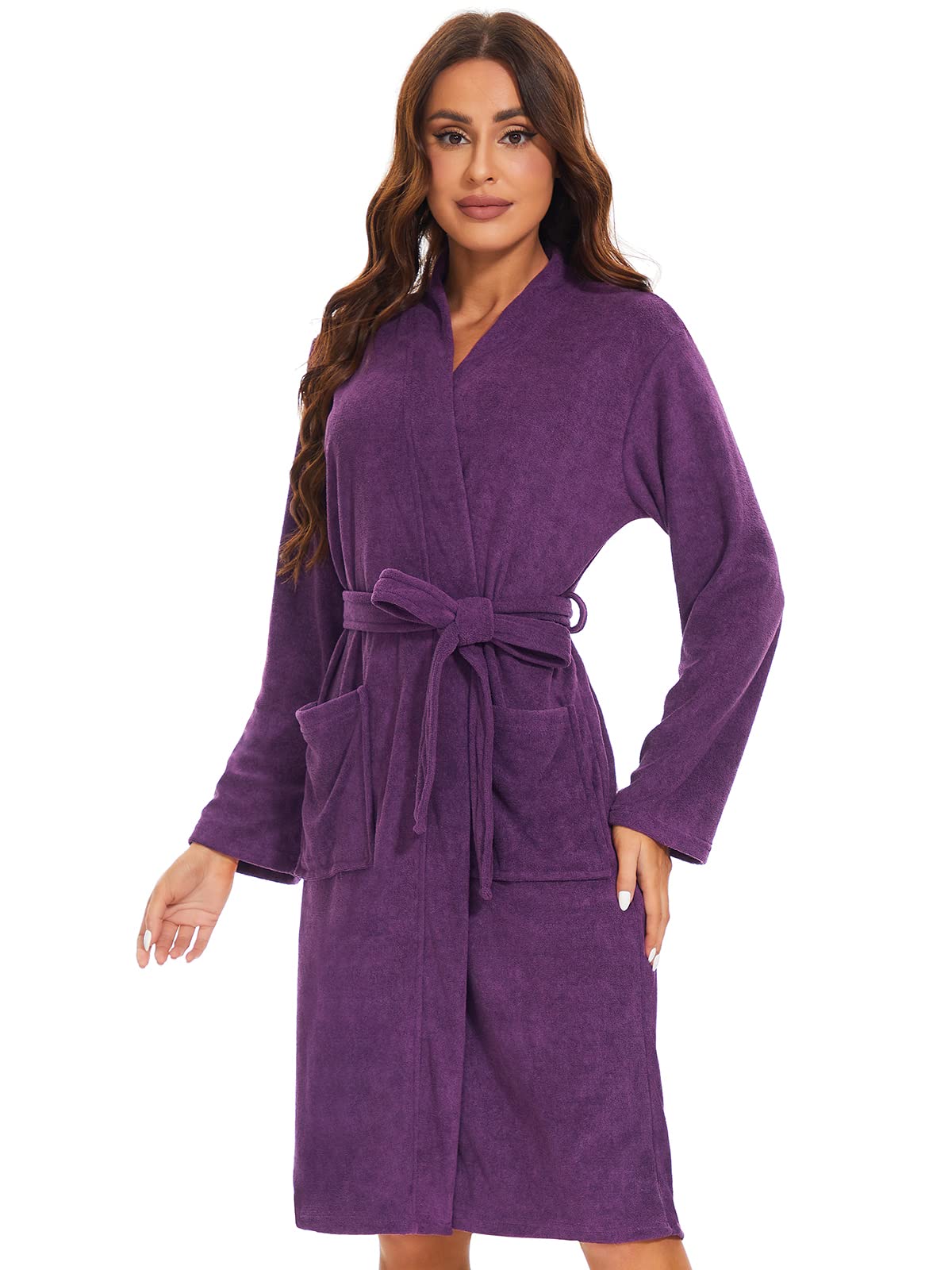Knuffnee Women Bath Robes Terry Cloth Towel Robe Knee Length Bathrobe with Pockets Purple L