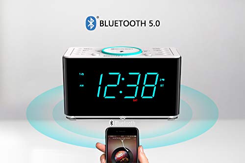 Emerson ER100401 Smartset 15Watt Ultra Fast Wireless Charging Dual Alarm Clock Radio with Bluetooth Speaker, USB Charger, Cyan LED Night Light and 1.4" Display