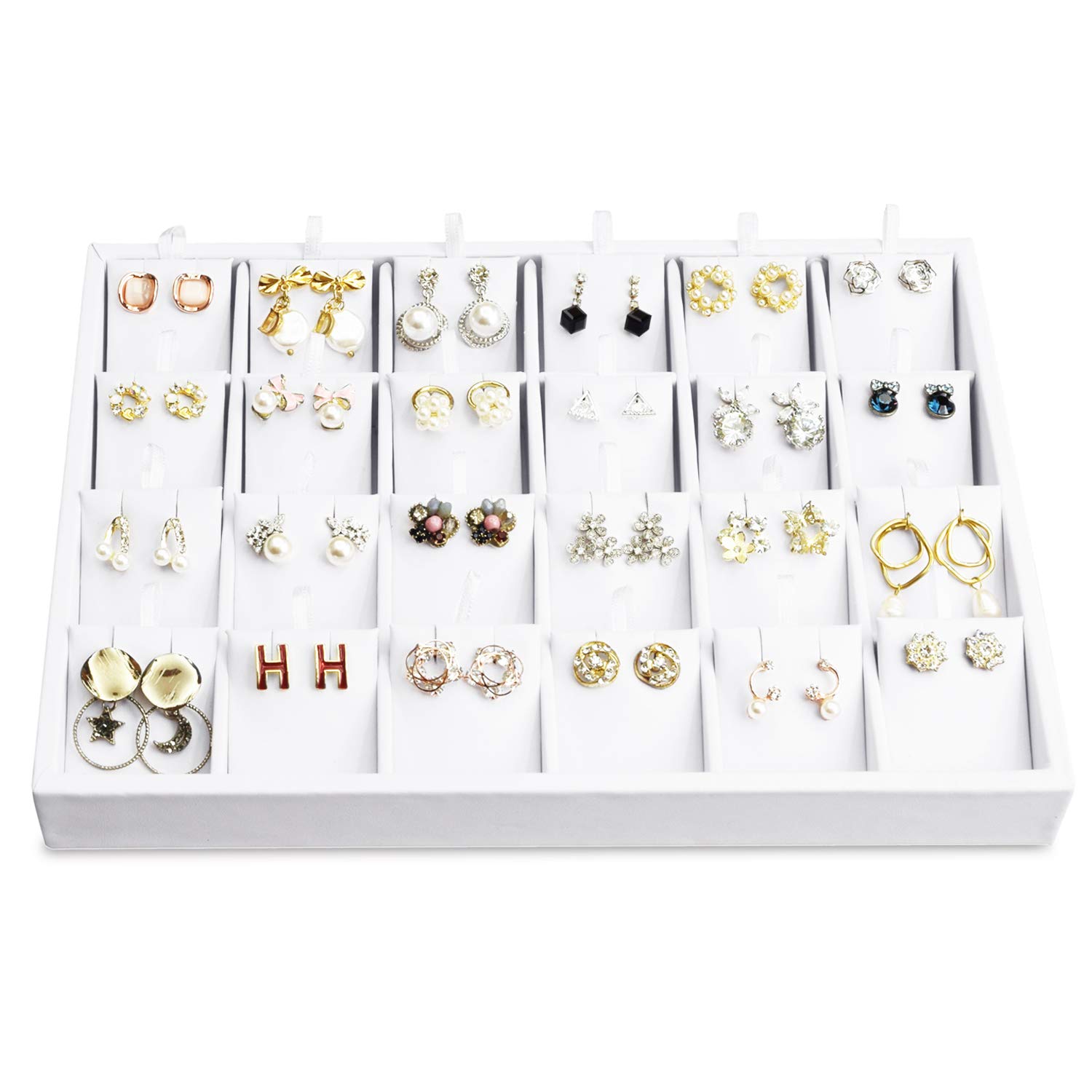MOOCA Premium White Leatherette Horizontal Earring Cards Display Tray with 24 Earring Cards, Showcase Display for Jewelry & Pendant Collection, 10 1/4 W x 7 1/2 D x 1 H in