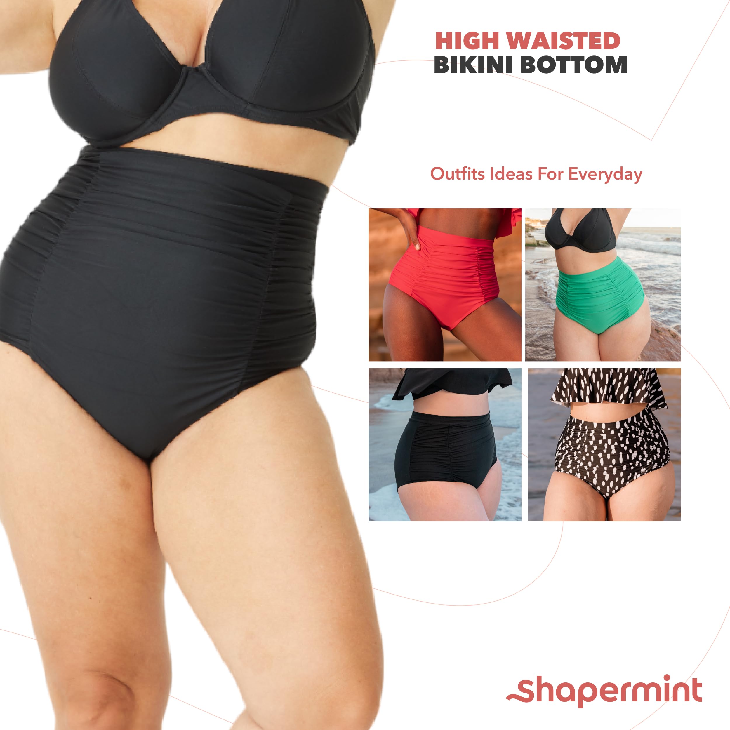 SHAPERMINT Women Ruched High Waisted Black Bikini Bottom Swimsuit, Tummy Control Full Coverage Swimwear, Small to Plus Size