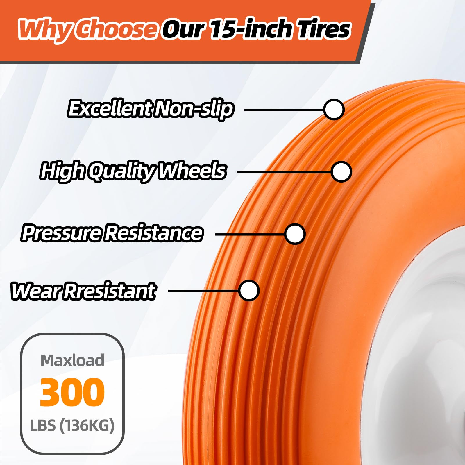 UniversalY Fit, Flat Free Wheelbarrow Tire - Fits all 5/8" OR 3/4" HUB - 5 Year Warranty
