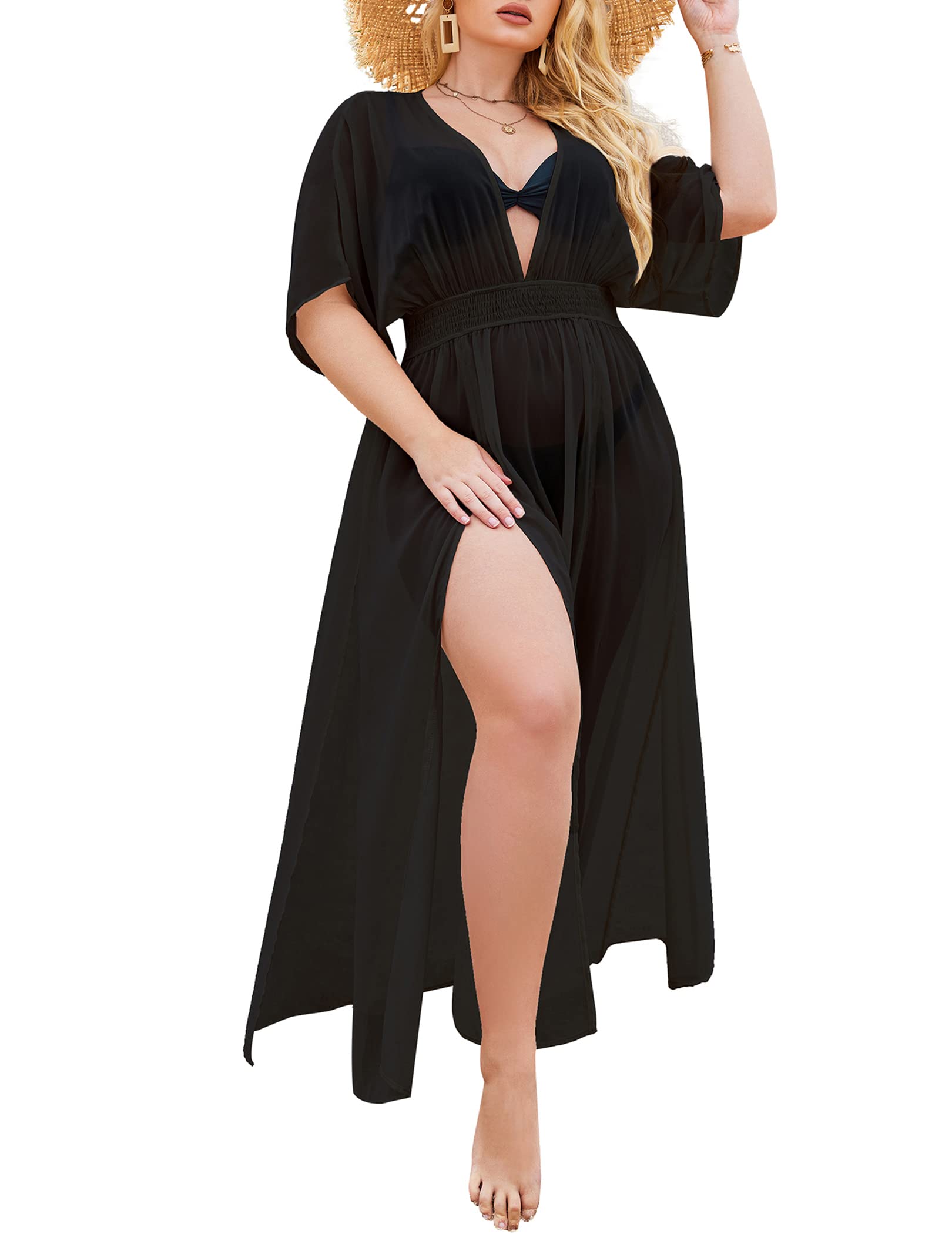 IN'VOLAND Womens Plus Size Swimsuit Cover Up Deep V Neck Bathing Suit Swimwear Bikini Coverup Long Split Kaftan Kimono Dress, 18 Plus, Stylish Black