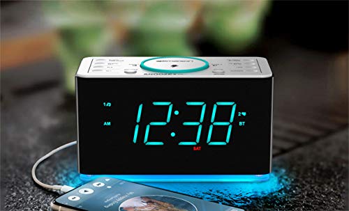 Emerson ER100401 Smartset 15Watt Ultra Fast Wireless Charging Dual Alarm Clock Radio with Bluetooth Speaker, USB Charger, Cyan LED Night Light and 1.4" Display