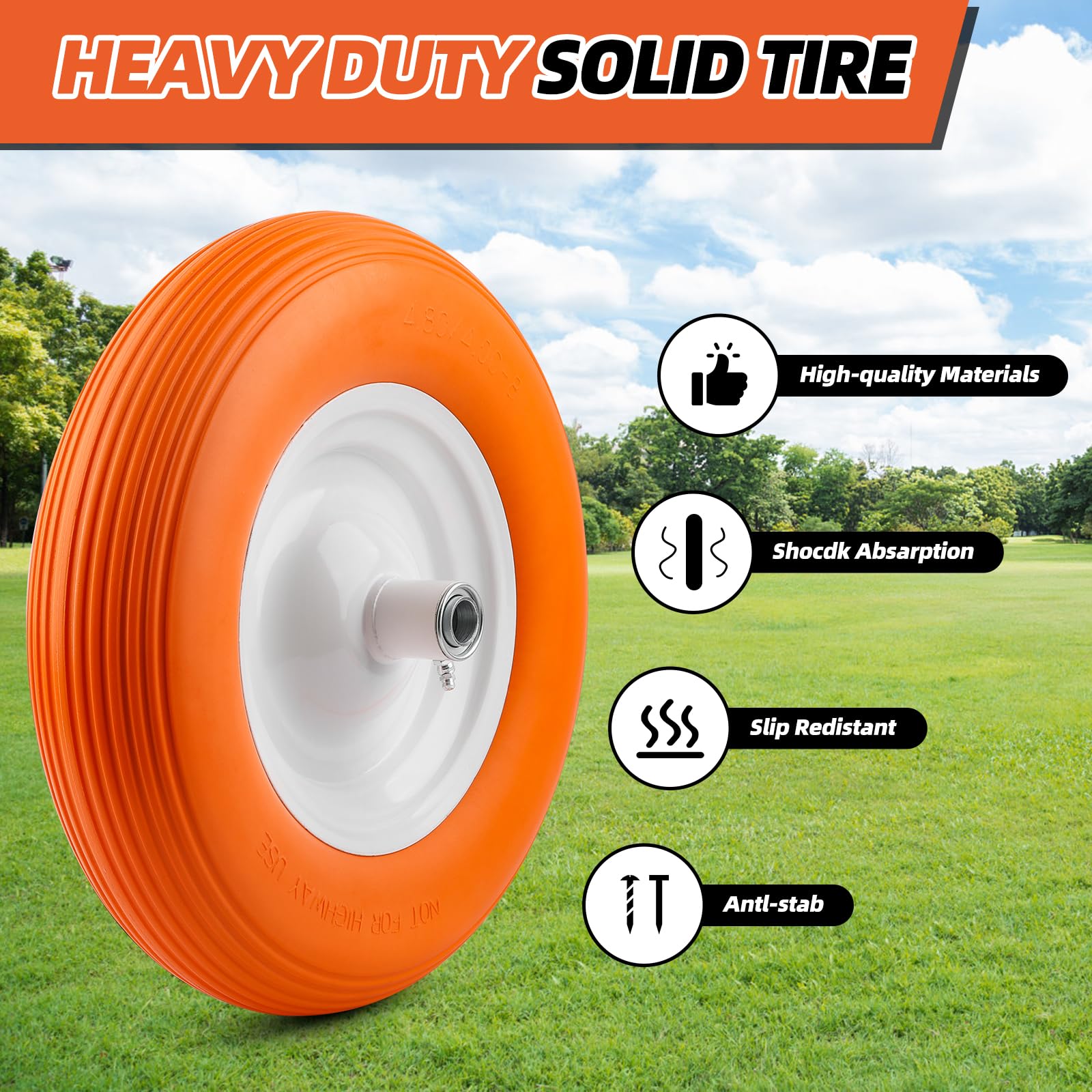 UniversalY Fit, Flat Free Wheelbarrow Tire - Fits all 5/8" OR 3/4" HUB - 5 Year Warranty