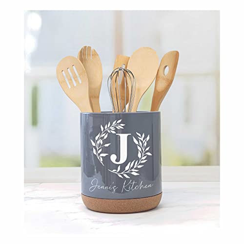 MRC Wood Products Personalized Ceramic Kitchen Utensil Holder - Engraved with Your Monogram and Custom Text (utensils not included) (Gray)