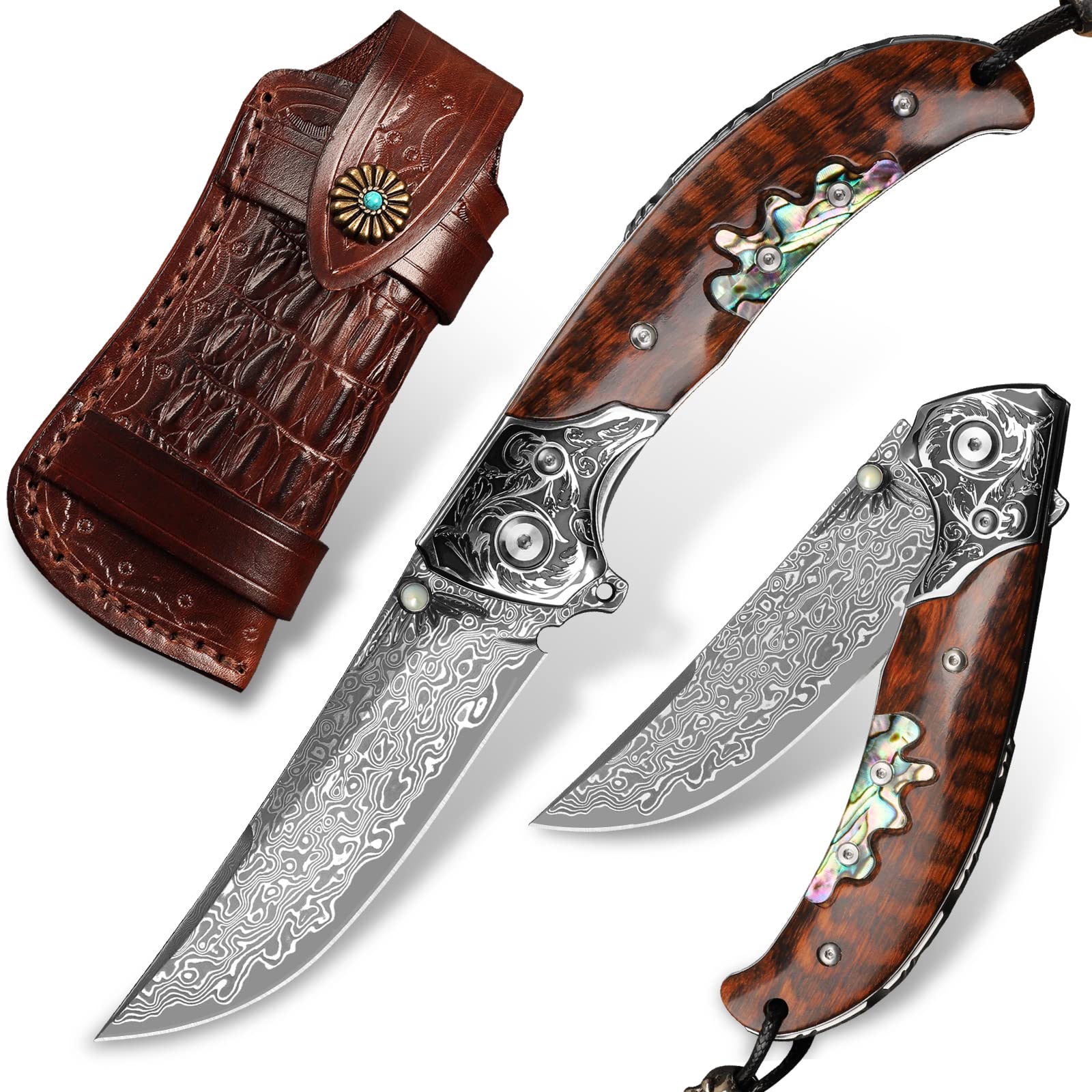 ALVELY Handmade Folding Pocket Knife, 3.6in Straight Alloy Steel Blade, Snake Lines Wood Handle, Liner Lock, with Leather Sheath, EDC Unisex Adult Knife