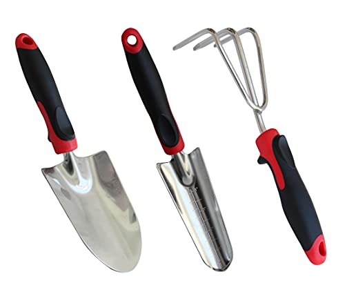 TABOR TOOLS D124A 3-Piece Garden Tool Set with Rubberized Non-Slip Handles, Stainless Steel, Includes Hand Trowel, Cultivator Hand Rake, and Transplanter with Gradation Marks
