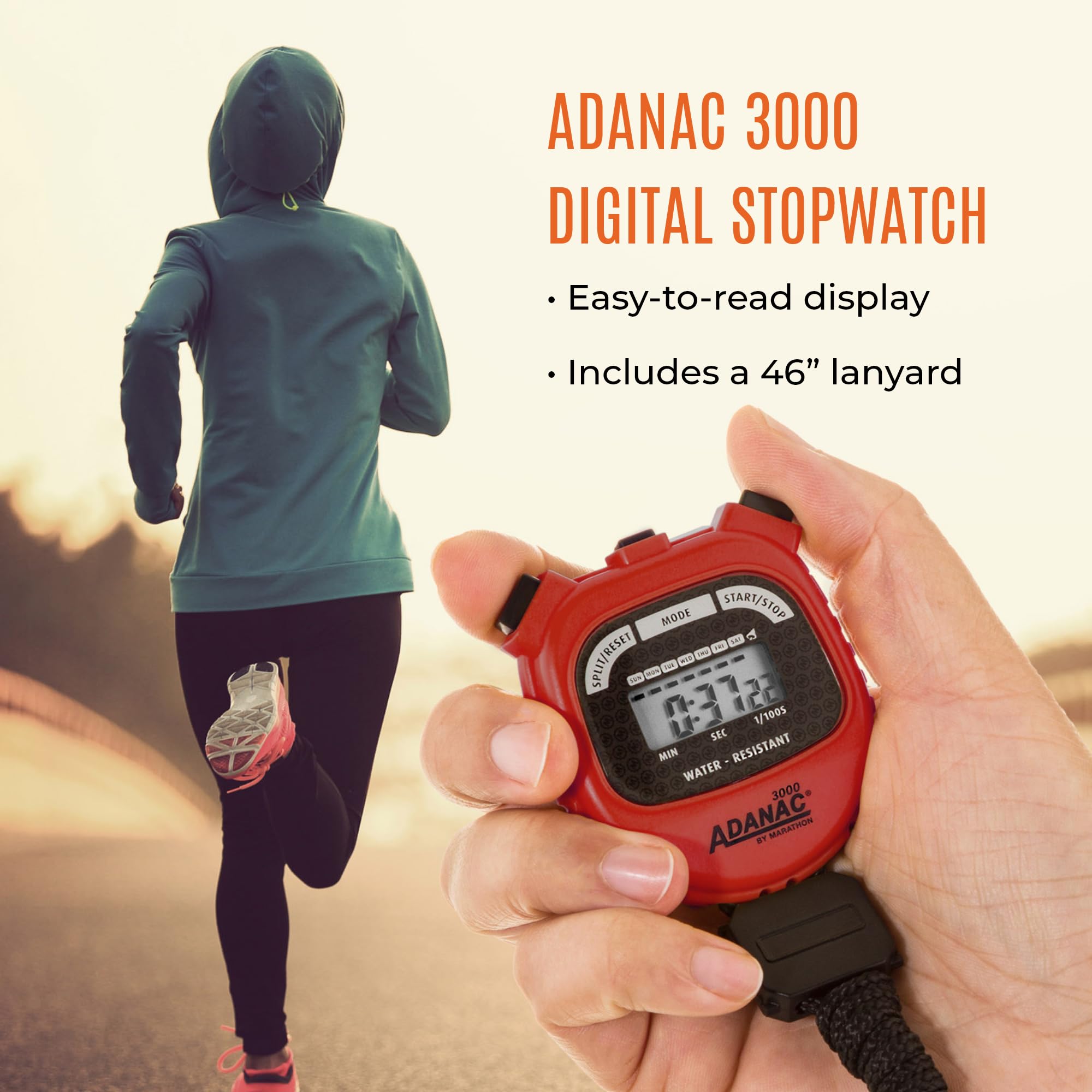 Marathon Adanac 3000 Digital Stopwatch Timer, Red - High Precision Accuracy to 1/100th Seconds - Water, Dust & Shock Resistant - 46β Lanyard Included