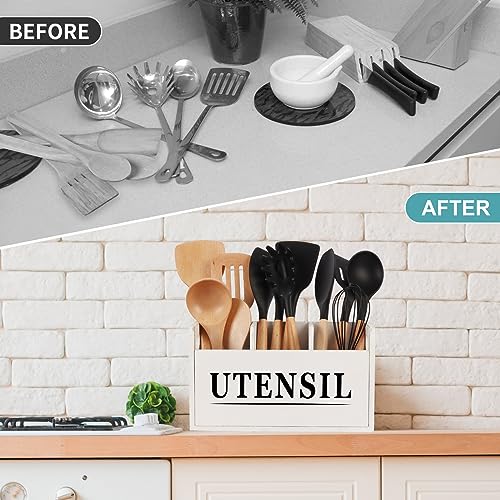 Large Rustic Kitchen Utensil Holder for Countertop, Farmhouse Wooden Utensil Holder for Kitchen Counter, 3 Compartment Rustic Cooking Utensil Holder, Kitchen Utensil Organizer Caddy for Home Decor