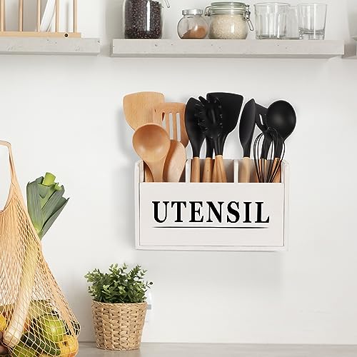 Large Rustic Kitchen Utensil Holder for Countertop, Farmhouse Wooden Utensil Holder for Kitchen Counter, 3 Compartment Rustic Cooking Utensil Holder, Kitchen Utensil Organizer Caddy for Home Decor