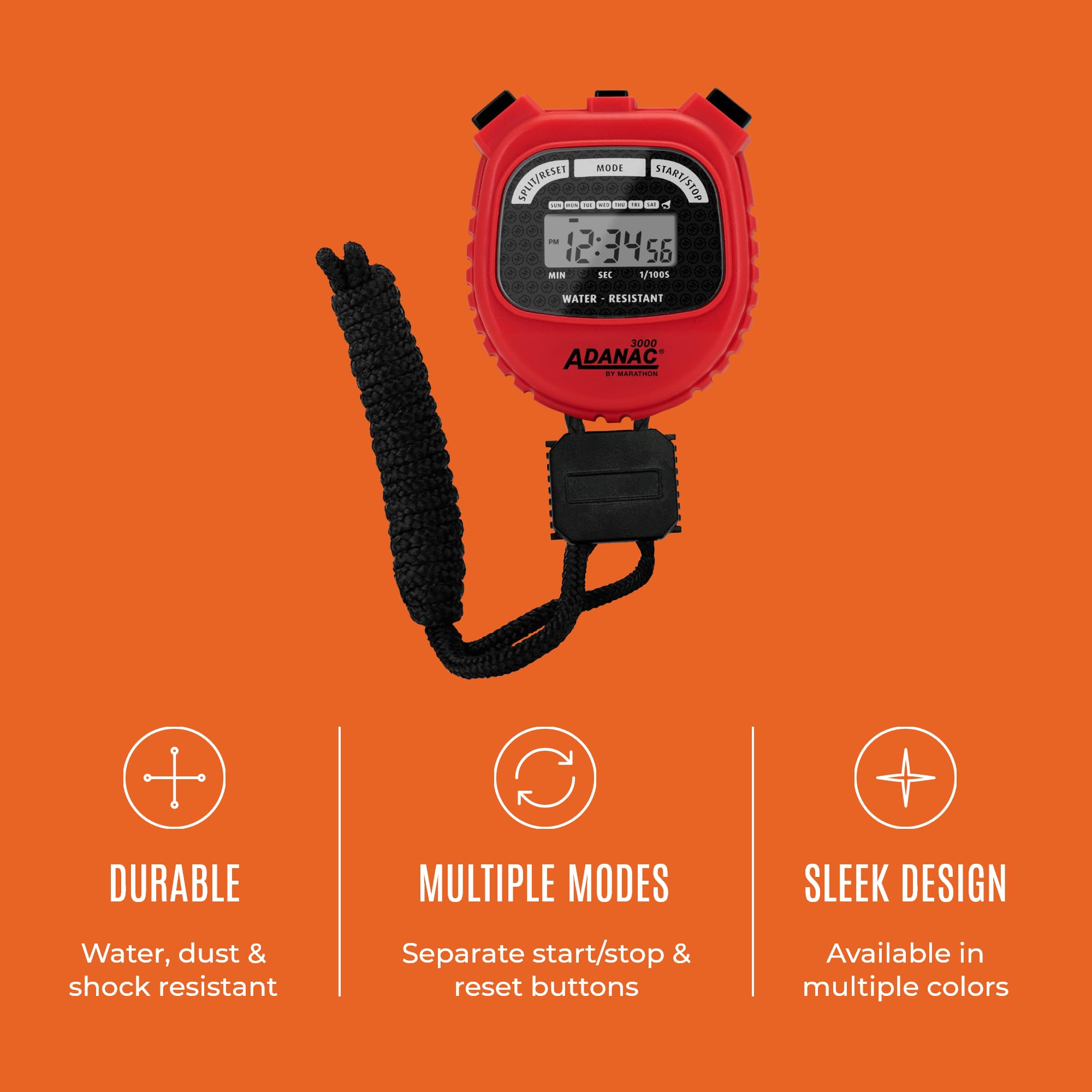 Marathon Adanac 3000 Digital Stopwatch Timer, Red - High Precision Accuracy to 1/100th Seconds - Water, Dust & Shock Resistant - 46β Lanyard Included
