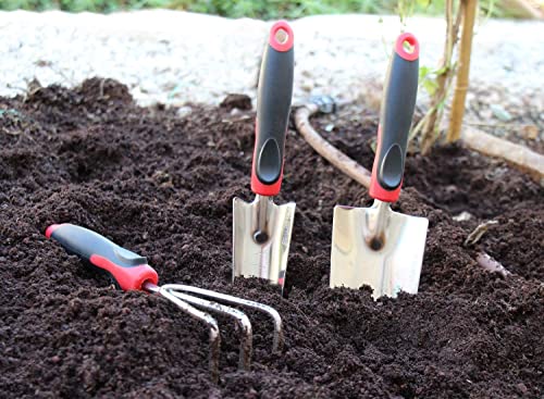 TABOR TOOLS D124A 3-Piece Garden Tool Set with Rubberized Non-Slip Handles, Stainless Steel, Includes Hand Trowel, Cultivator Hand Rake, and Transplanter with Gradation Marks
