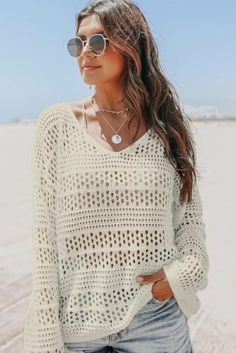 Dokotoo Women's 2023 Spring Summer Crochet Hollow Out Long Sleeve Beach Bikini Swimsuit Mesh Cover Up Tunic Top Apricot M