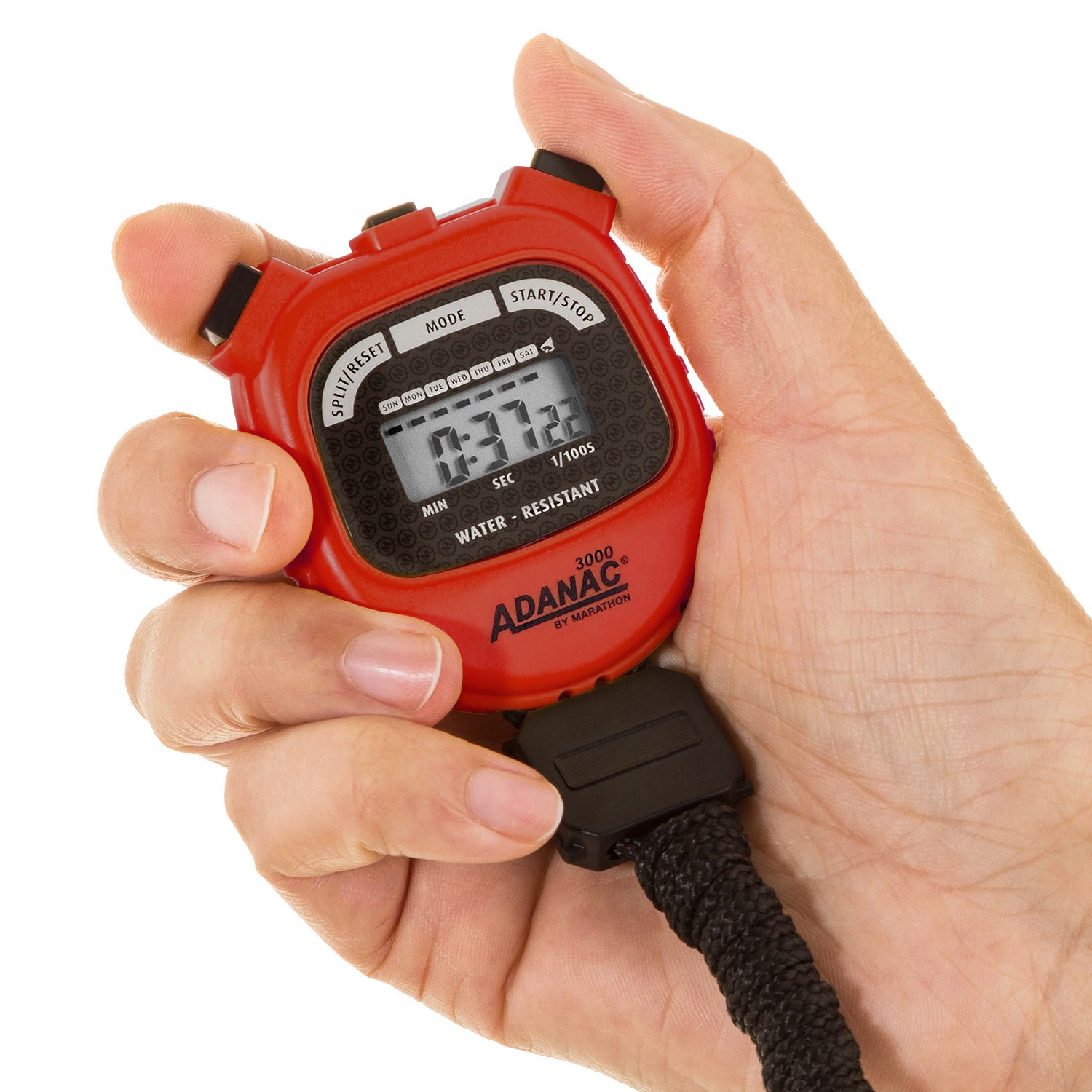 Marathon Adanac 3000 Digital Stopwatch Timer, Red - High Precision Accuracy to 1/100th Seconds - Water, Dust & Shock Resistant - 46β Lanyard Included