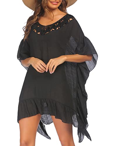 Ekouaer Swimsuit Cover Ups Women Bat Sleeve Bikini Beachwear Top Loose Beach Cover Up(M,Black)