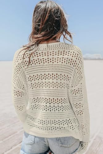 Dokotoo Women's 2023 Spring Summer Crochet Hollow Out Long Sleeve Beach Bikini Swimsuit Mesh Cover Up Tunic Top Apricot M
