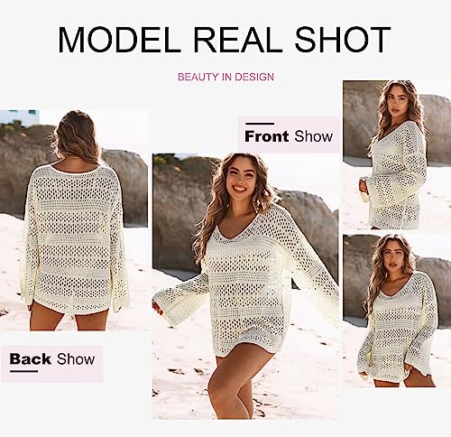 Dokotoo Women's 2023 Spring Summer Crochet Hollow Out Long Sleeve Beach Bikini Swimsuit Mesh Cover Up Tunic Top Apricot M