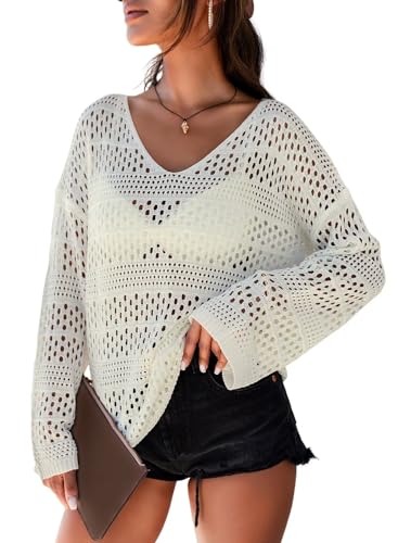 Dokotoo Women's 2023 Spring Summer Crochet Hollow Out Long Sleeve Beach Bikini Swimsuit Mesh Cover Up Tunic Top Apricot M