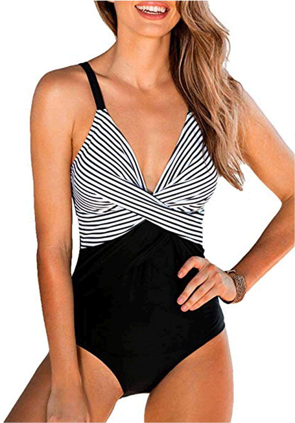 B2prity Women's One Piece Swimsuits Tummy Control Front Cross Bathing Suits Slimming Swimsuit V Neck Swimwear Monokini