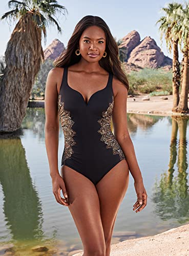 Miraclesuit Women's Petal Pusher Temptress Tummy Control Soft Cup One Piece Swimsuit, Black/Multi, 16