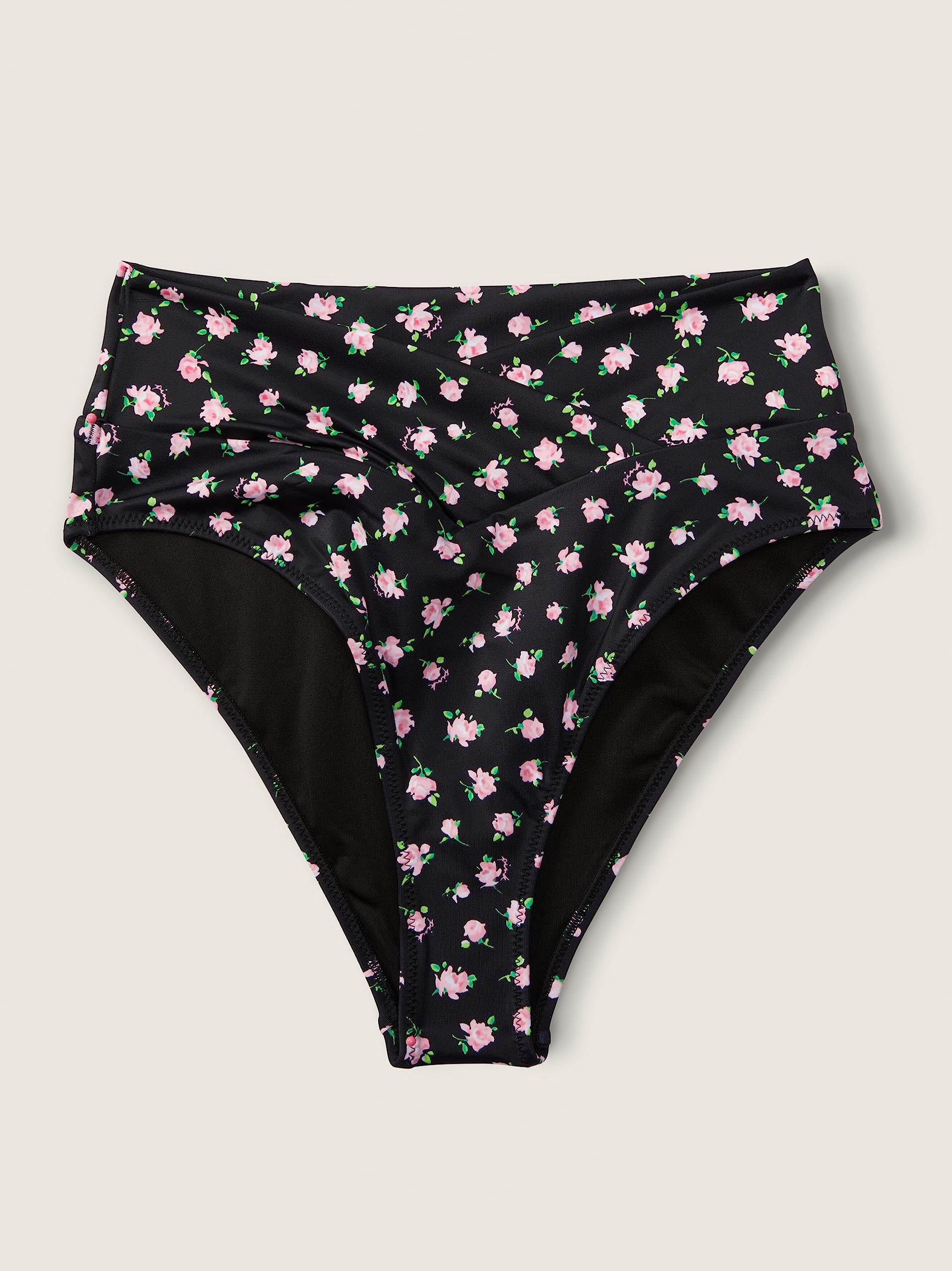Victoria's Secret Pink V Crossover High Waisted Bikini Bottom, Swimsuit for Women, Moderate Coverage Bathing Suit Bottoms for Women, Pure Black Floral (S)
