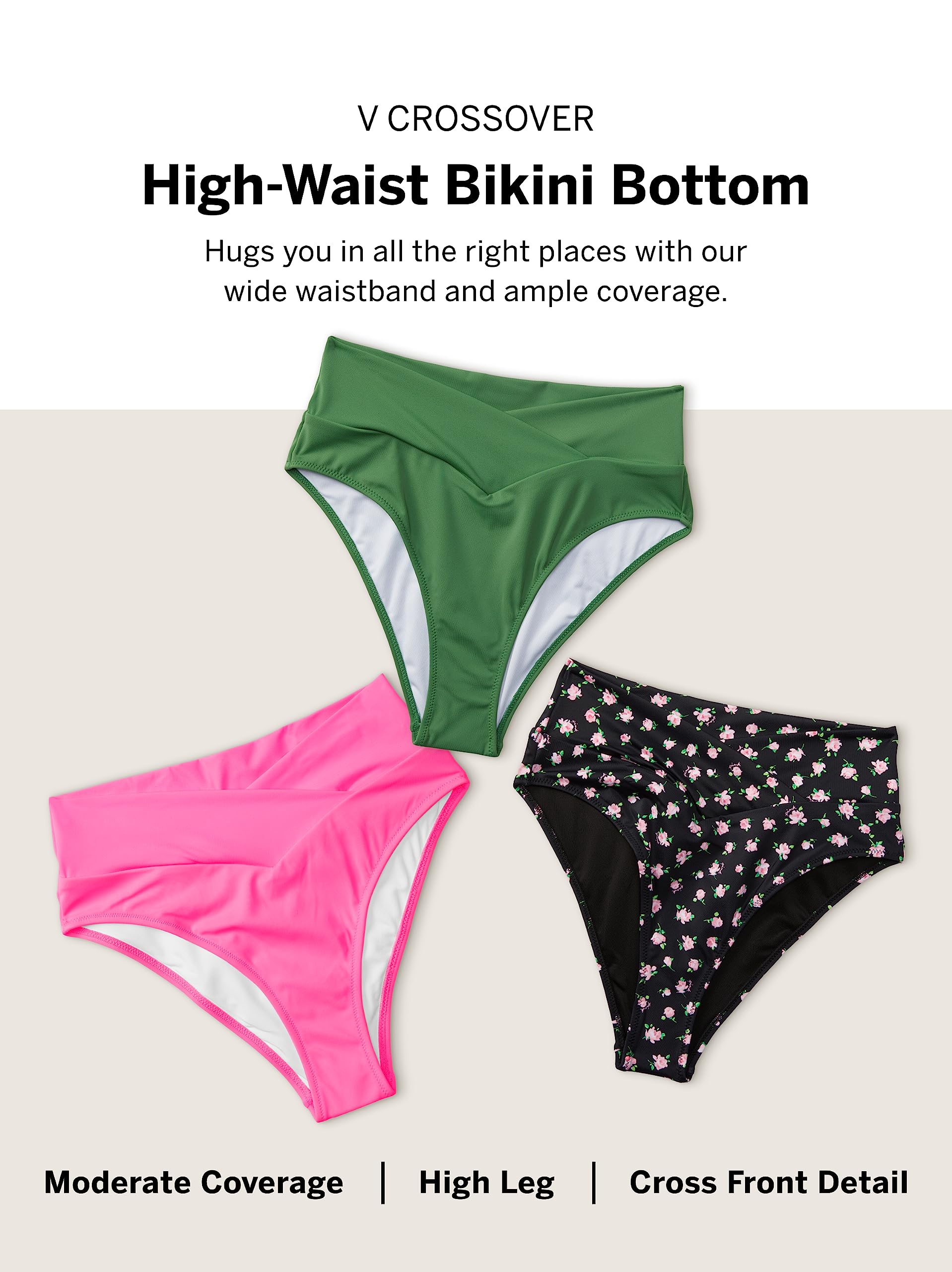 Victoria's Secret Pink V Crossover High Waisted Bikini Bottom, Swimsuit for Women, Moderate Coverage Bathing Suit Bottoms for Women, Pure Black Floral (S)