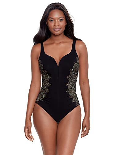 Miraclesuit Women's Petal Pusher Temptress Tummy Control Soft Cup One Piece Swimsuit, Black/Multi, 16