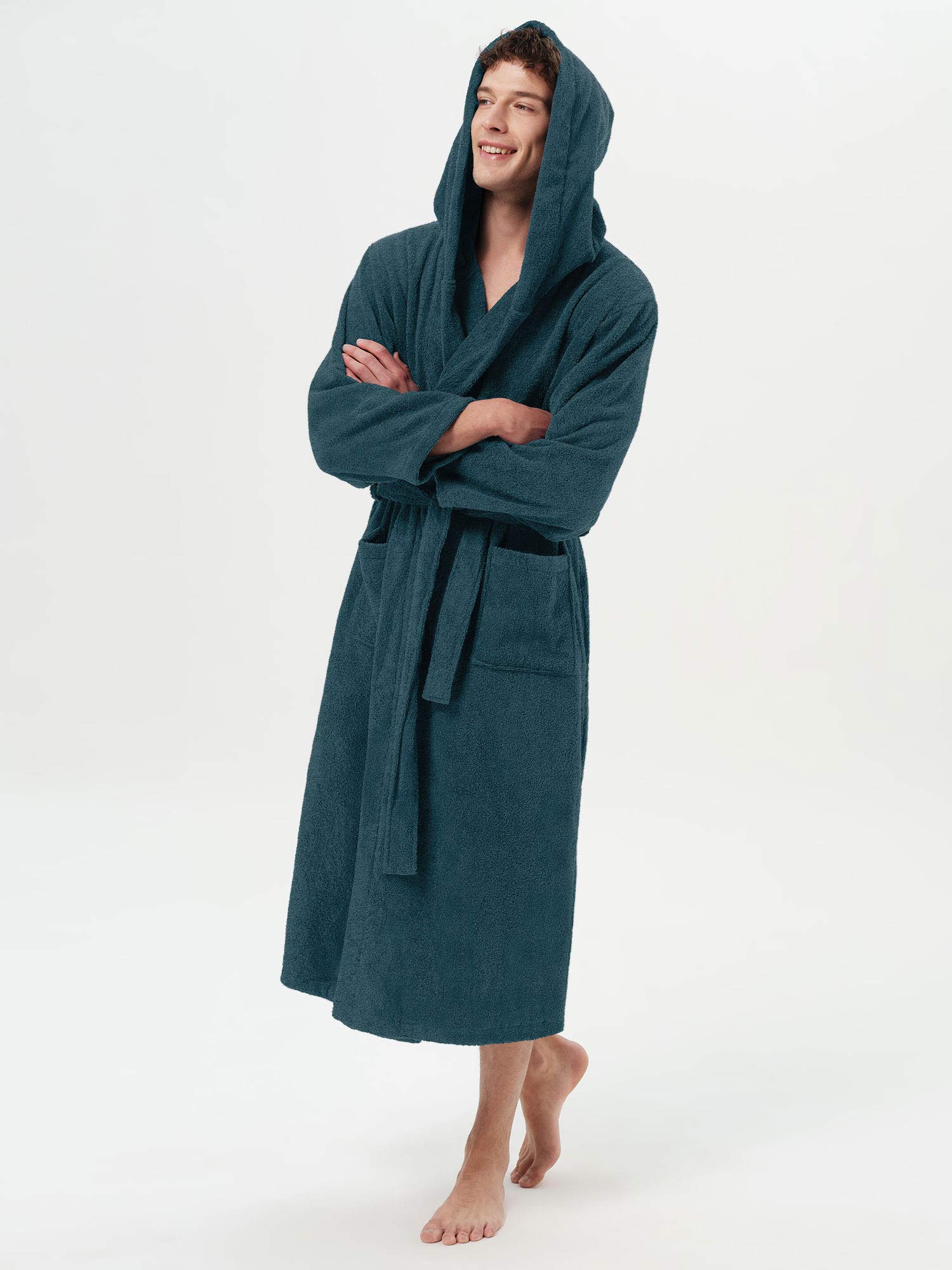 SIORO Terry Cloth Robes for Men Cotton Towel Hooded Bathrobe Long Bath Big & Tall Loungewear Bathroom Swimming Pool Bath Fluffy House Coat, Ink Blue X-Large