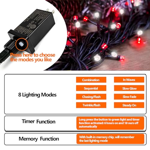 82FT 200 LED Red White Christmas Lights Outdoor/Indoor, Timer & Memory Function & 8 Modes, Extendable Green Wire, Waterproof String Lights for Xmas Tree Holiday Party Garden Yard Decor (Red & White)