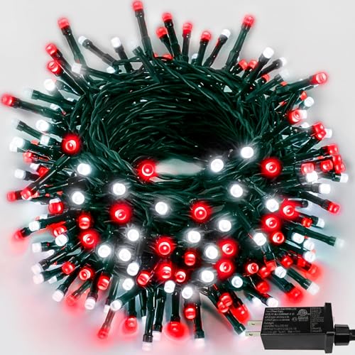 82FT 200 LED Red White Christmas Lights Outdoor/Indoor, Timer & Memory Function & 8 Modes, Extendable Green Wire, Waterproof String Lights for Xmas Tree Holiday Party Garden Yard Decor (Red & White)