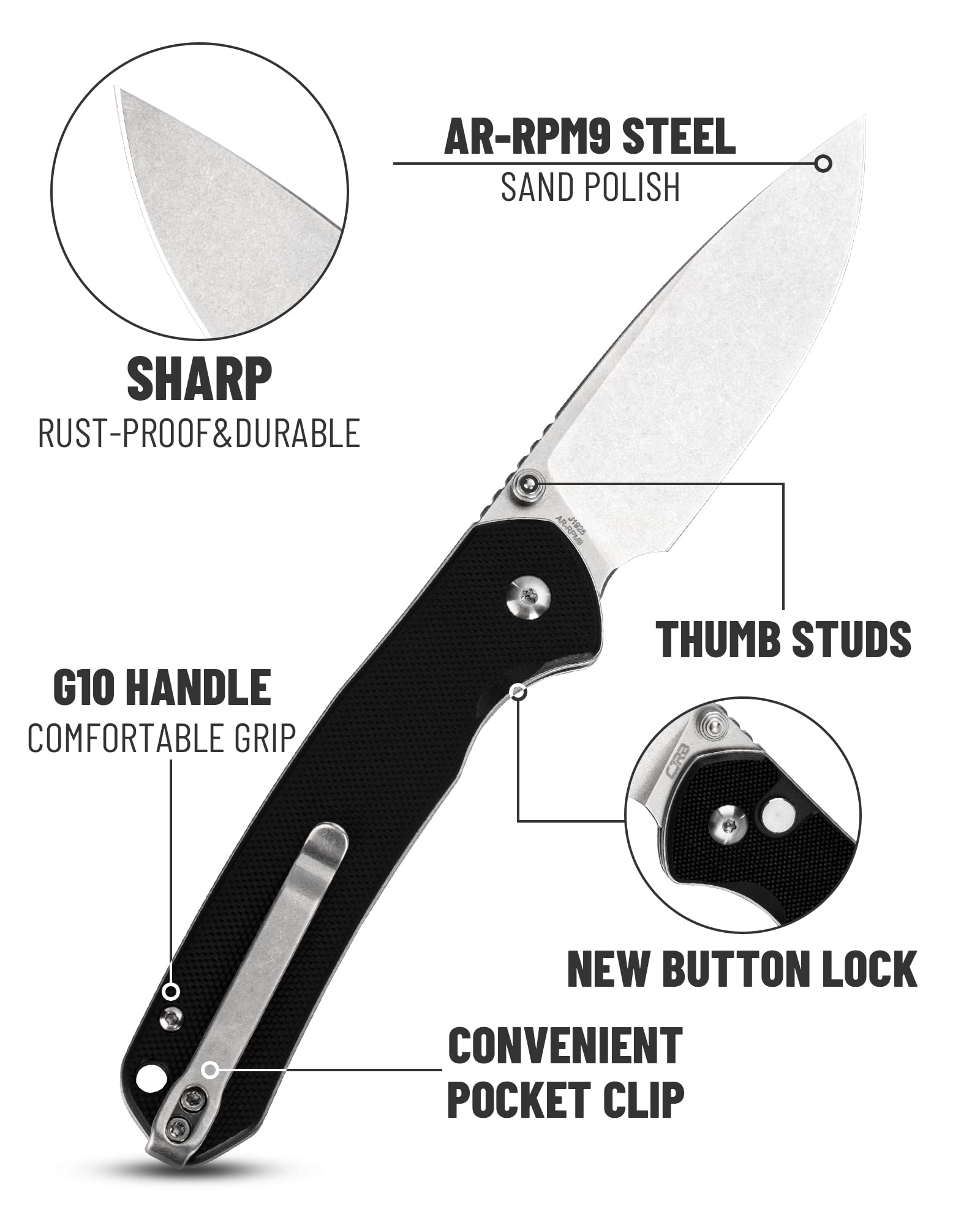 CJRB Folding Knife Pyrite (J1925) AR-RPM9 Blade and G10 Handle EDC Pocket Knife with Clip Black