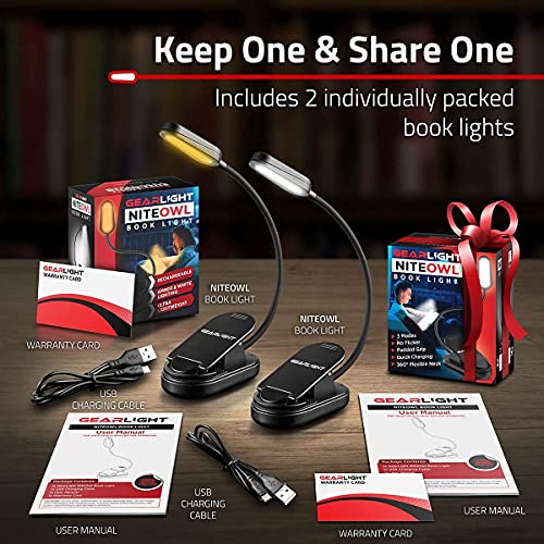 GearLight Rechargeable Book Light for Reading in Bed - Stocking Stuffers 2 Pack Adjustable LED Clip-on Reading Light for Books in Bed - Reading Lamp Book Accessories for Adults & Kids