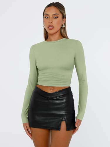 Trendy Queen Womens Long Sleeve Shirts Basic Tees Crop Tops Going Out Spring 2025 Workout Outfits Y2k Clothes Light Green M