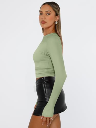 Trendy Queen Womens Long Sleeve Shirts Basic Tees Crop Tops Going Out Spring 2025 Workout Outfits Y2k Clothes Light Green M