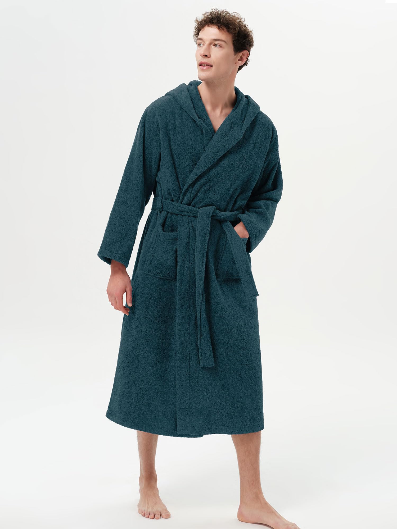 SIORO Terry Cloth Robes for Men Cotton Towel Hooded Bathrobe Long Bath Big & Tall Loungewear Bathroom Swimming Pool Bath Fluffy House Coat, Ink Blue X-Large
