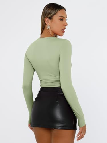 Trendy Queen Womens Long Sleeve Shirts Basic Tees Crop Tops Going Out Spring 2025 Workout Outfits Y2k Clothes Light Green M
